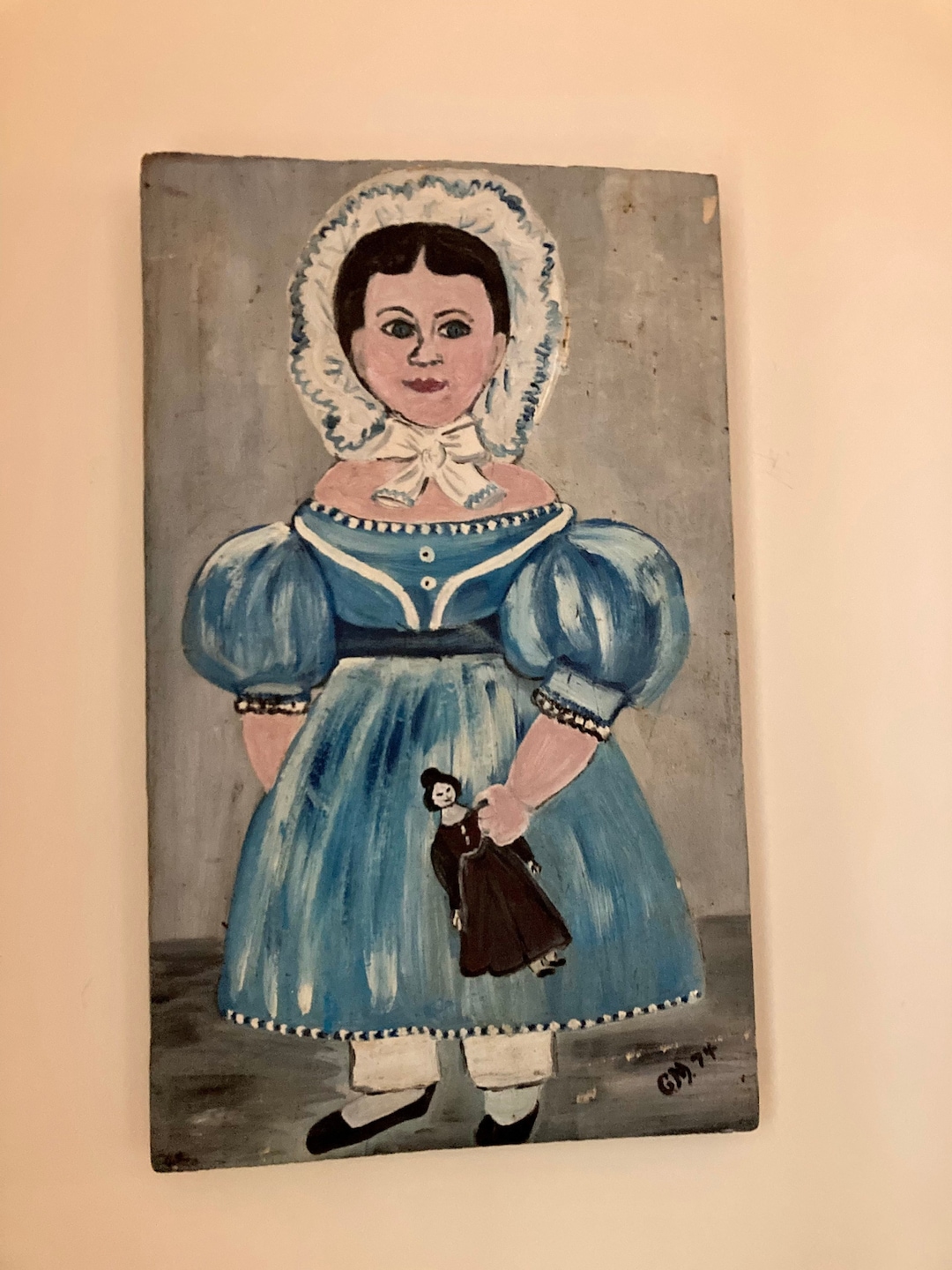 Antique Painting Primitive Naive Girl With Doll Oil on Wood Signed and ...
