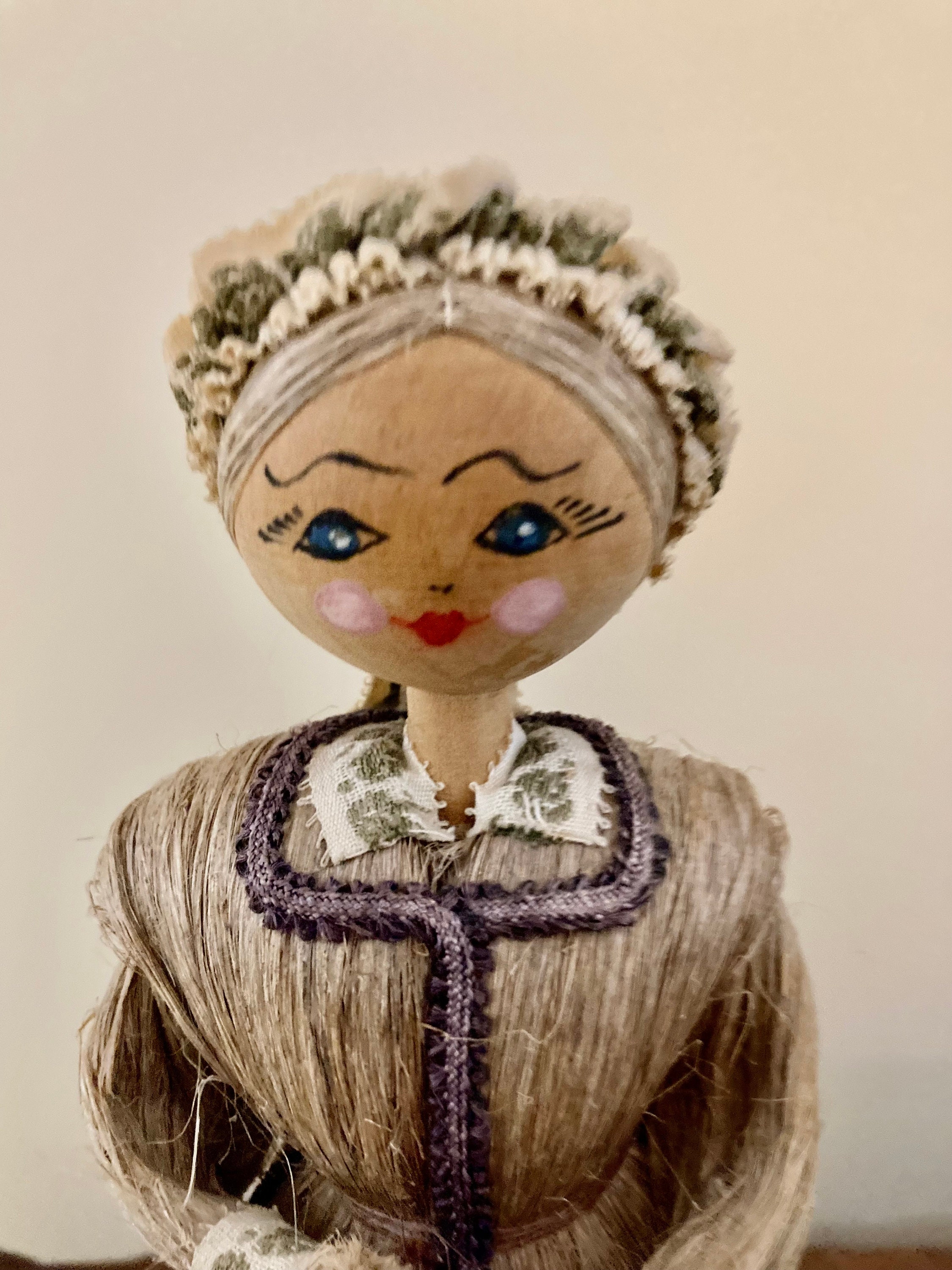Vintage Russian Hand Crafted Wooden and Plant Fiber Doll Embroidered 10 ...