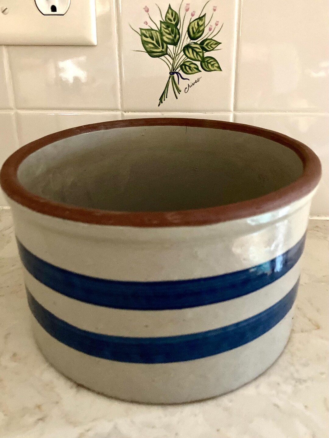 Vintage Pottery Crock Container Planter Gray With Blue Stripes 7 3/4 ...