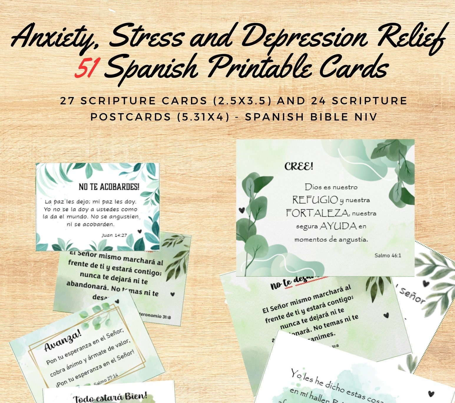 Spanish Scripture Cards Printable Anxiety and Fear Reliever, NIV Bible ...