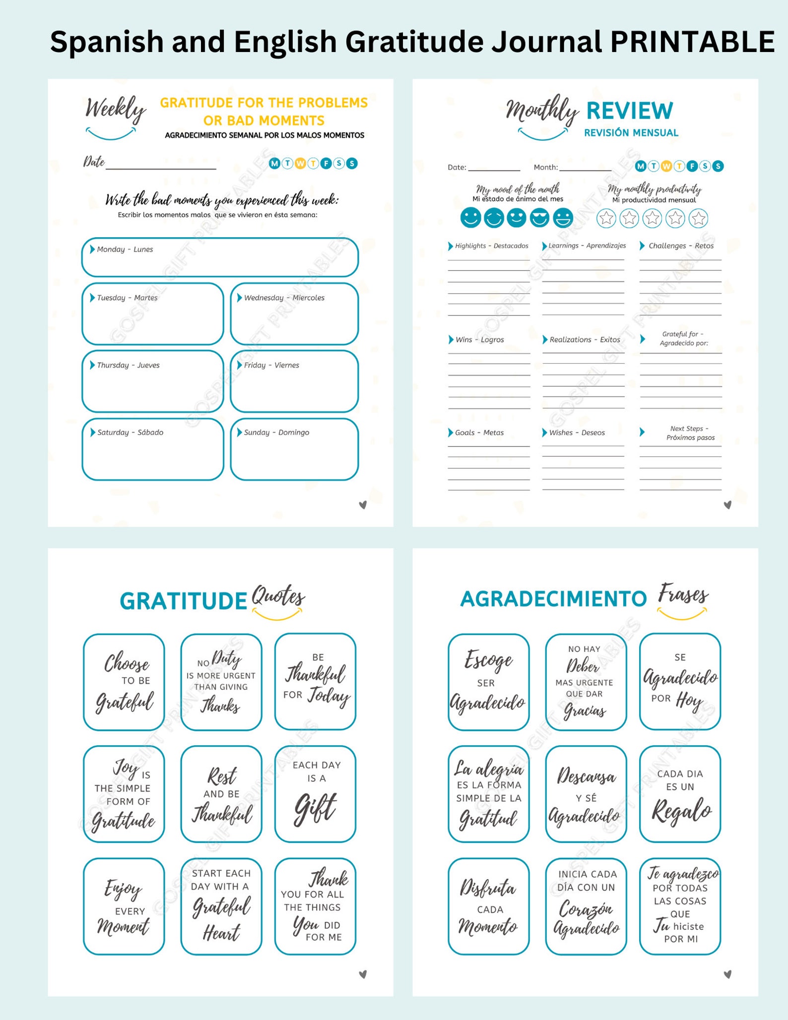 Gratitude Journal Printable in Spanish and English, Gratitude Worksheet ...