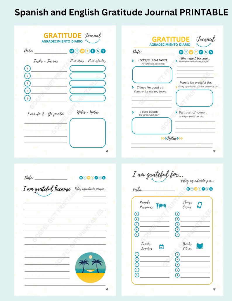 Gratitude Journal Printable in Spanish and English, Gratitude Worksheet ...