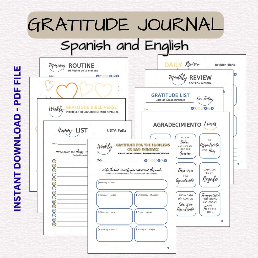 Gratitude Journal Printable in Spanish and English, Gratitude Worksheet ...