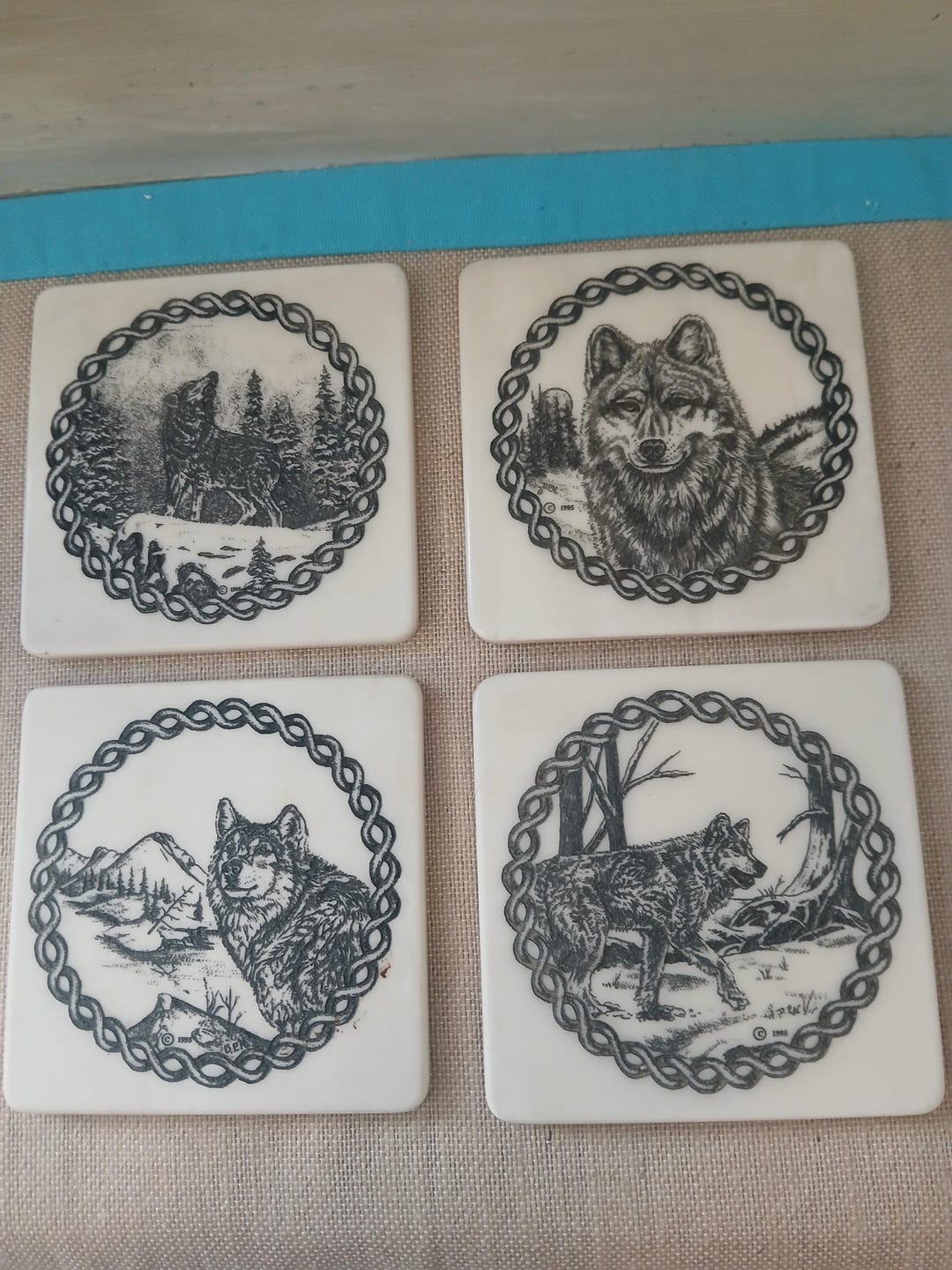 Vintage 1995 Set of 4 Ceramic Barlow Etched Scrimshaw Wolf Design Drink ...