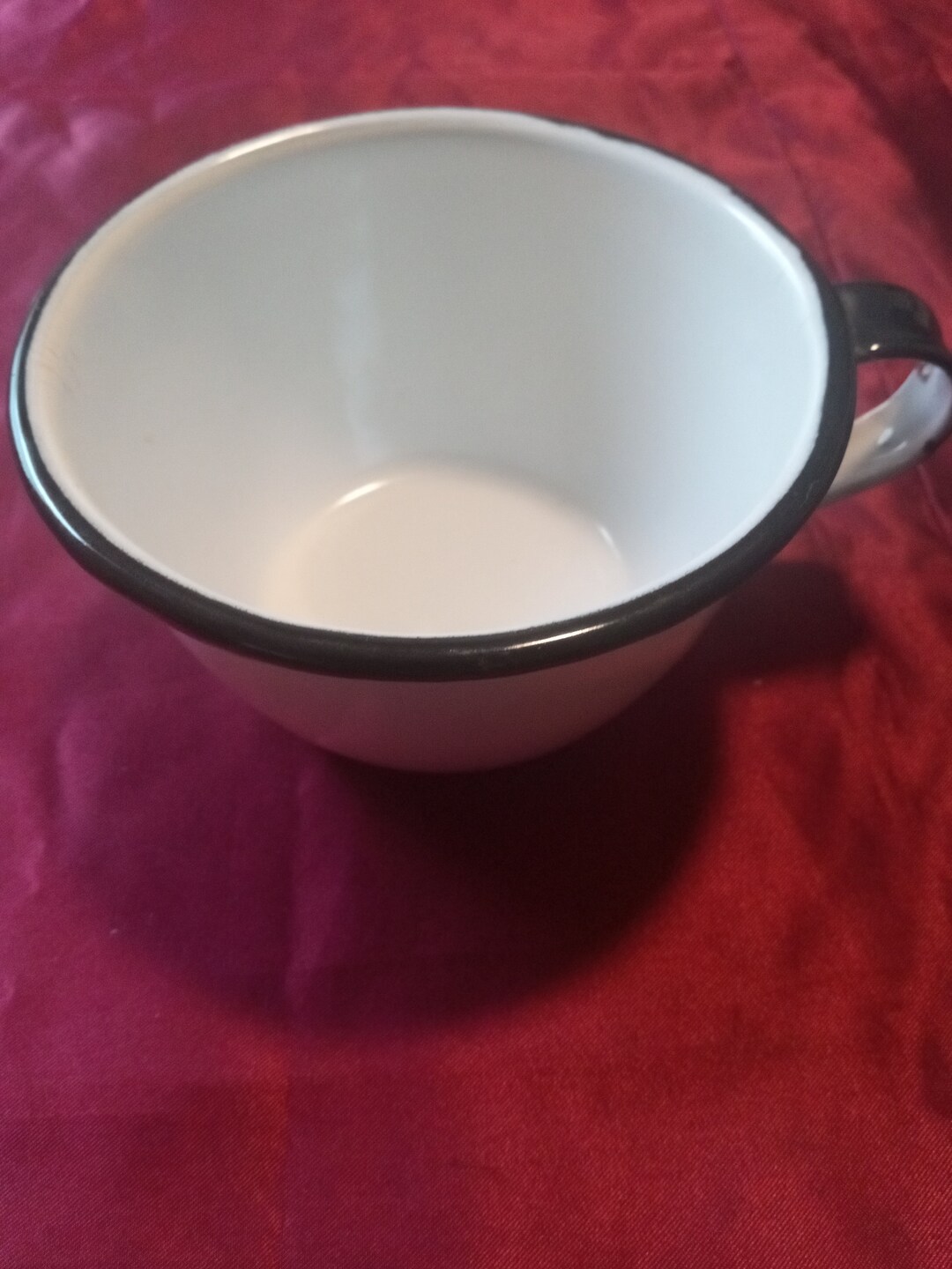 Vintage Enamelware Coffee Cup With Handle White With Black Trim - Etsy