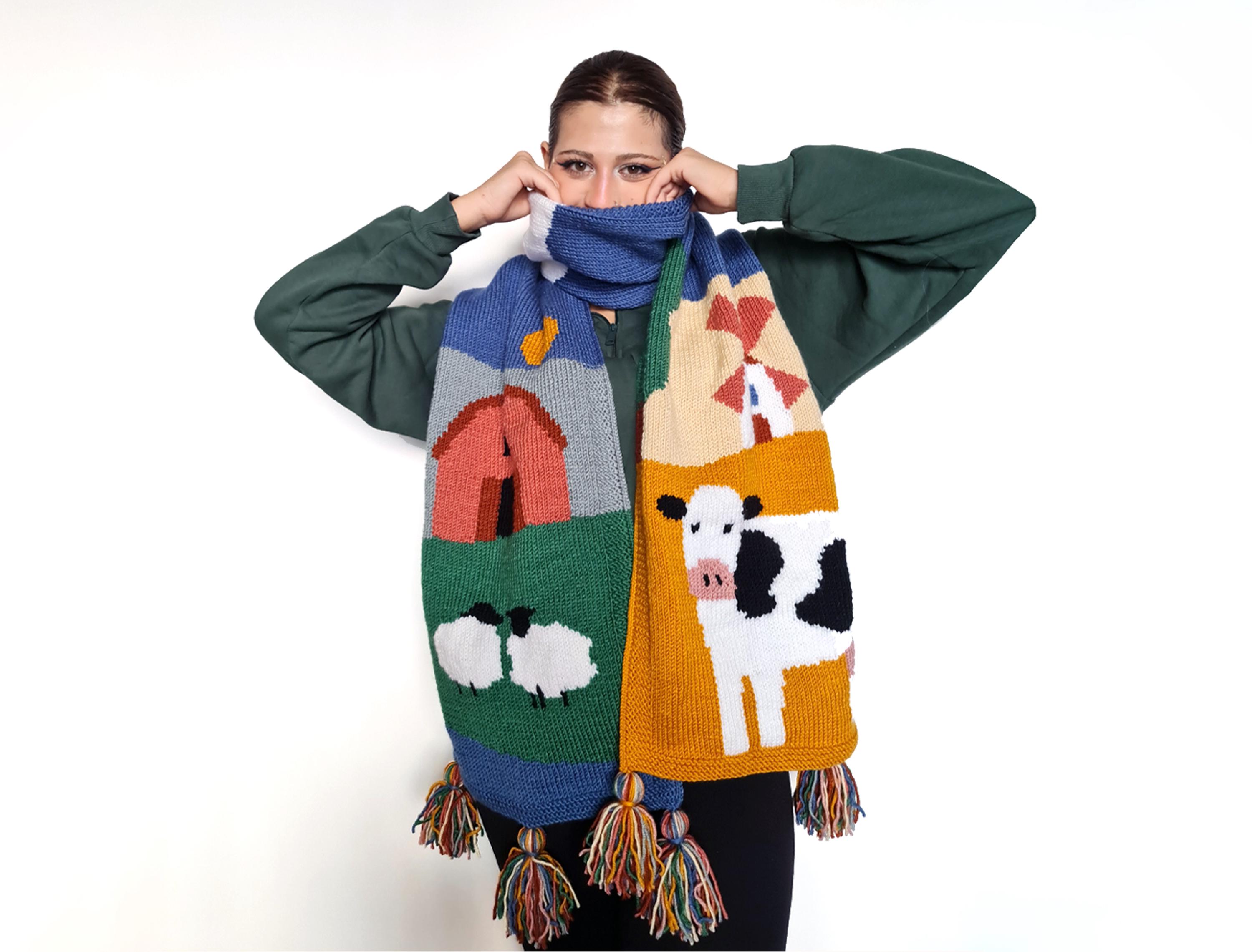 Hand Knit Scarf | Unique Design | Farm | Cow Sheep Lamb - Etsy