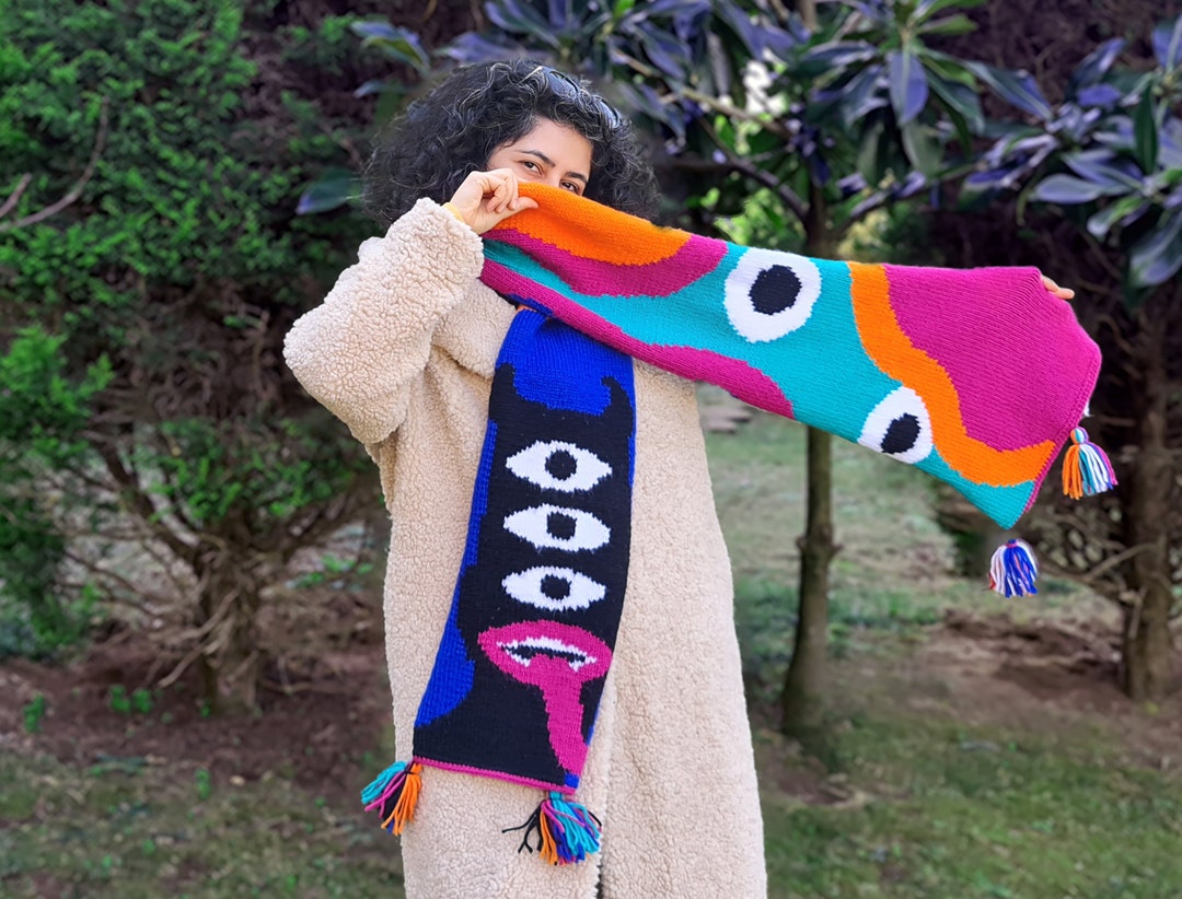 Hand Knit Scarf Unique Design Alien - Etsy