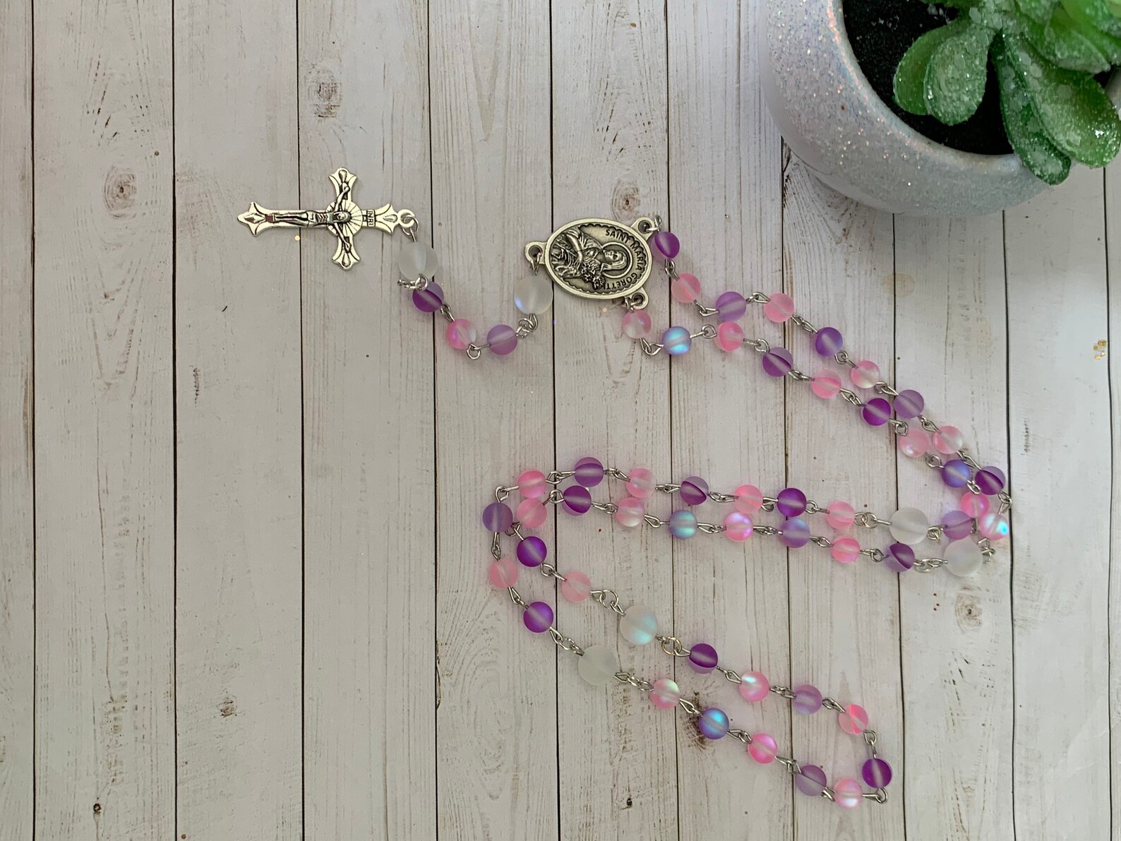 St Maria Goretti Rosary: Pink Purple Mermaid Glass, Catholic Gift - Etsy