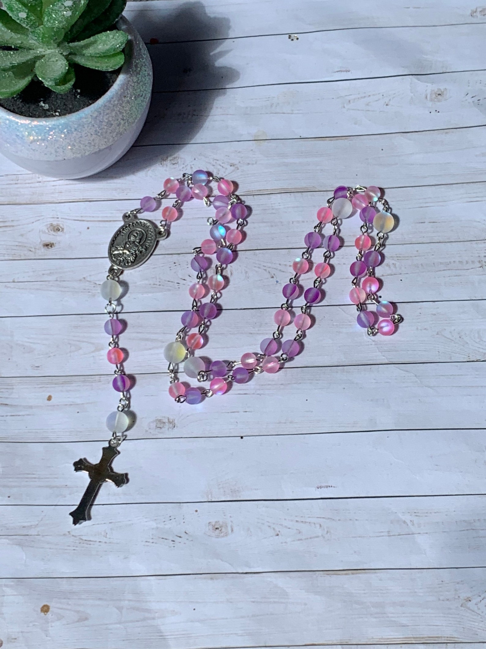 St Maria Goretti Rosary: Pink Purple Mermaid Glass, Catholic Gift - Etsy