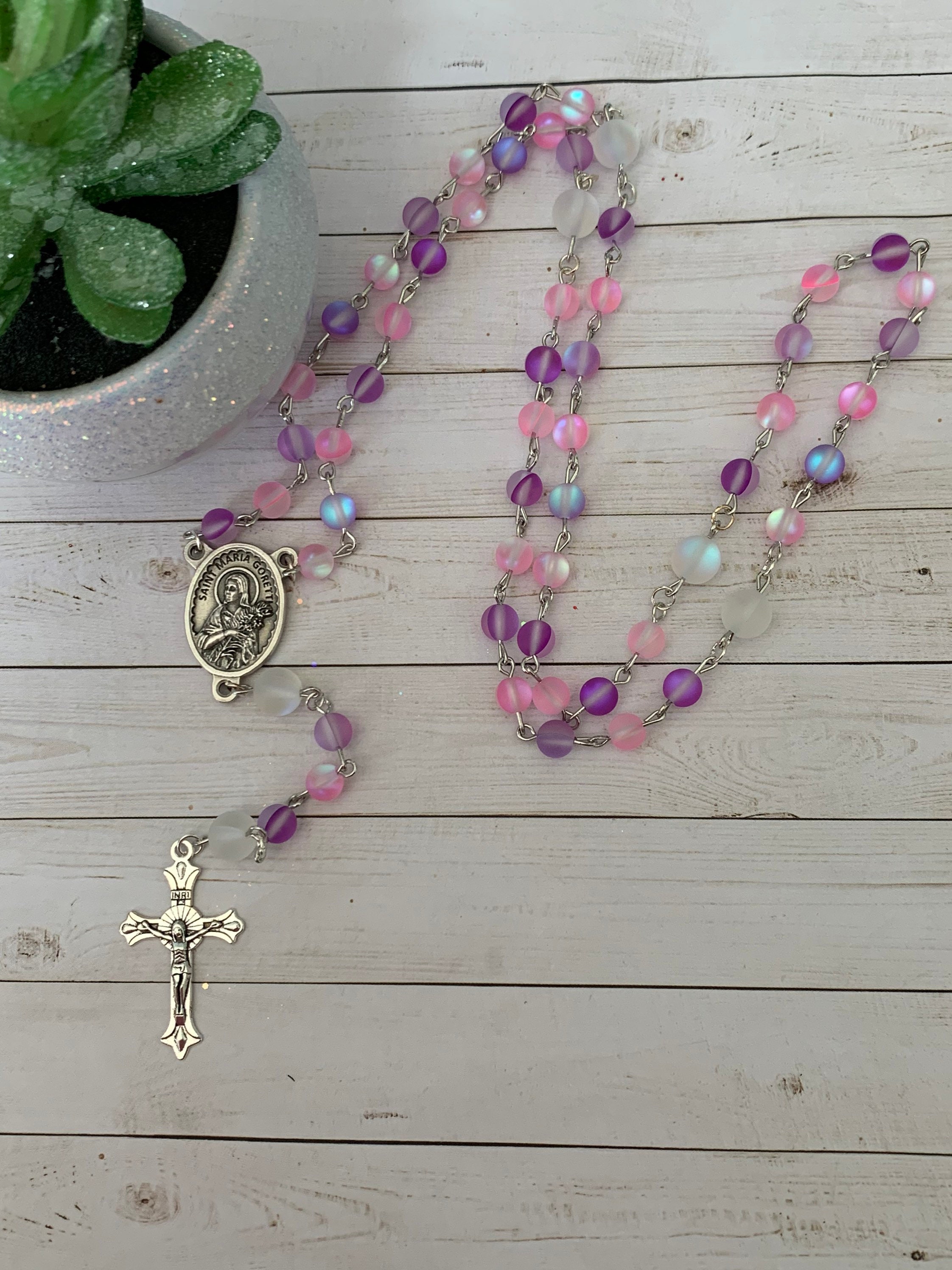 St Maria Goretti Rosary: Pink Purple Mermaid Glass, Catholic Gift - Etsy
