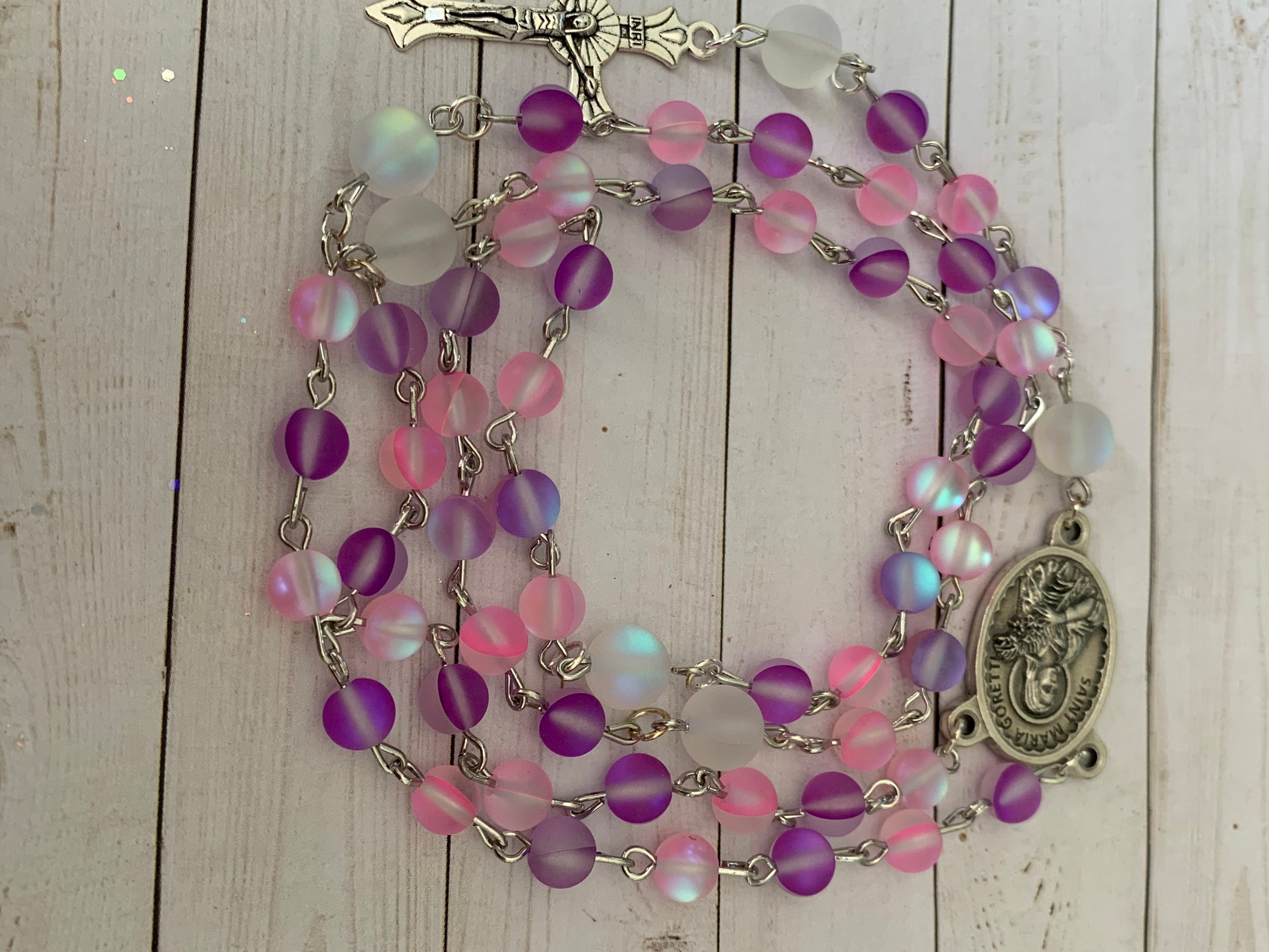 St Maria Goretti Rosary: Pink Purple Mermaid Glass, Catholic Gift - Etsy