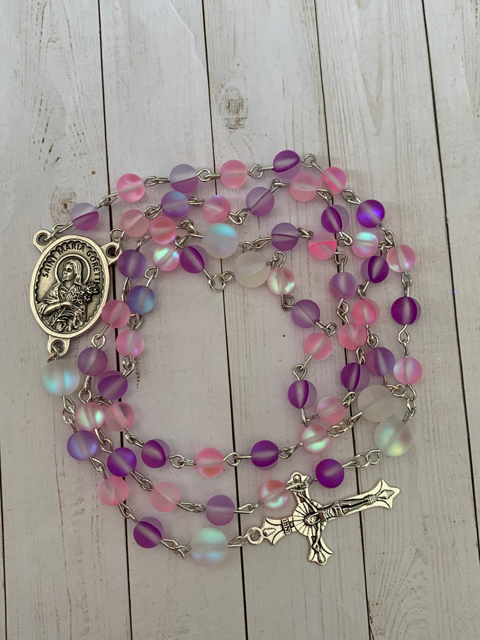 St Maria Goretti Rosary: Pink Purple Mermaid Glass, Catholic Gift - Etsy