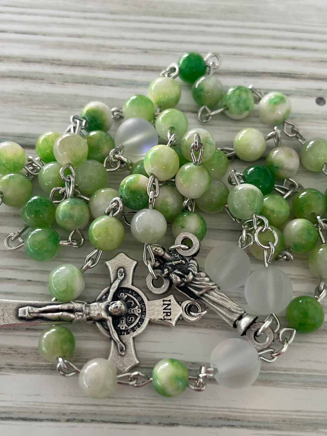 Jade Rosary: Green & White Jade, Catholic Prayer Beads - Etsy