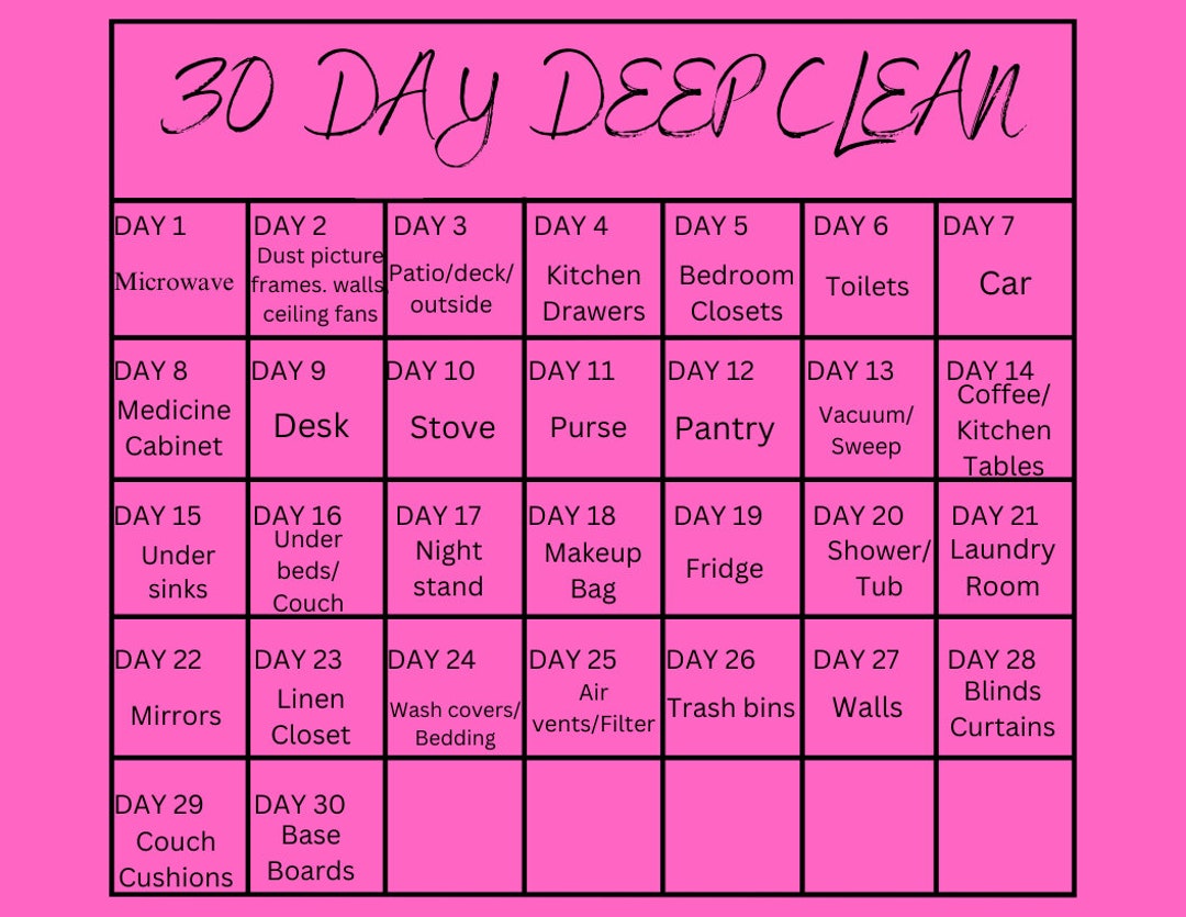 30 Day Deep Clean Chart. Digital Print, Digital Download, Printable ...