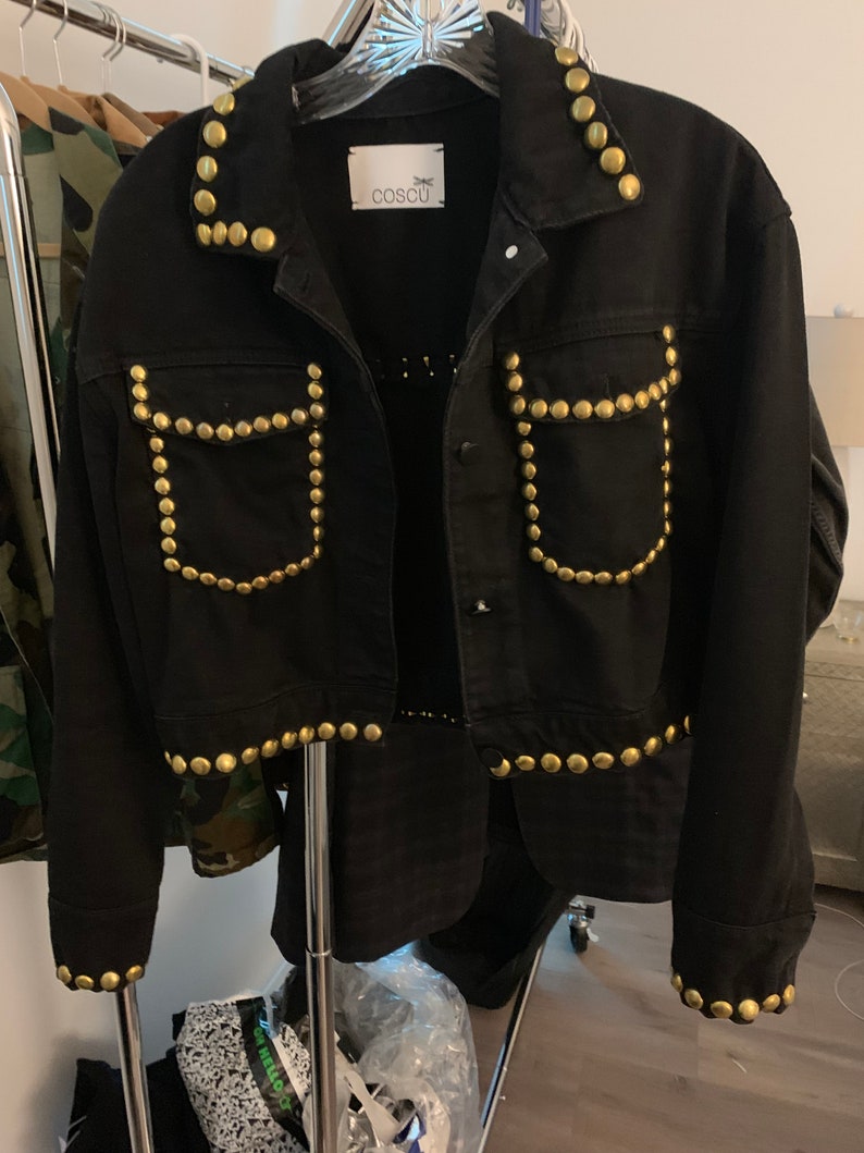 Black Denim Gold Studded Jacket - Etsy