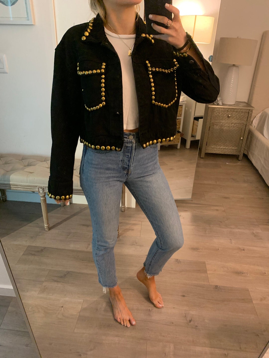 Black Denim Gold Studded Jacket - Etsy