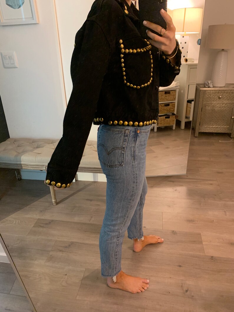 Black Denim Gold Studded Jacket - Etsy