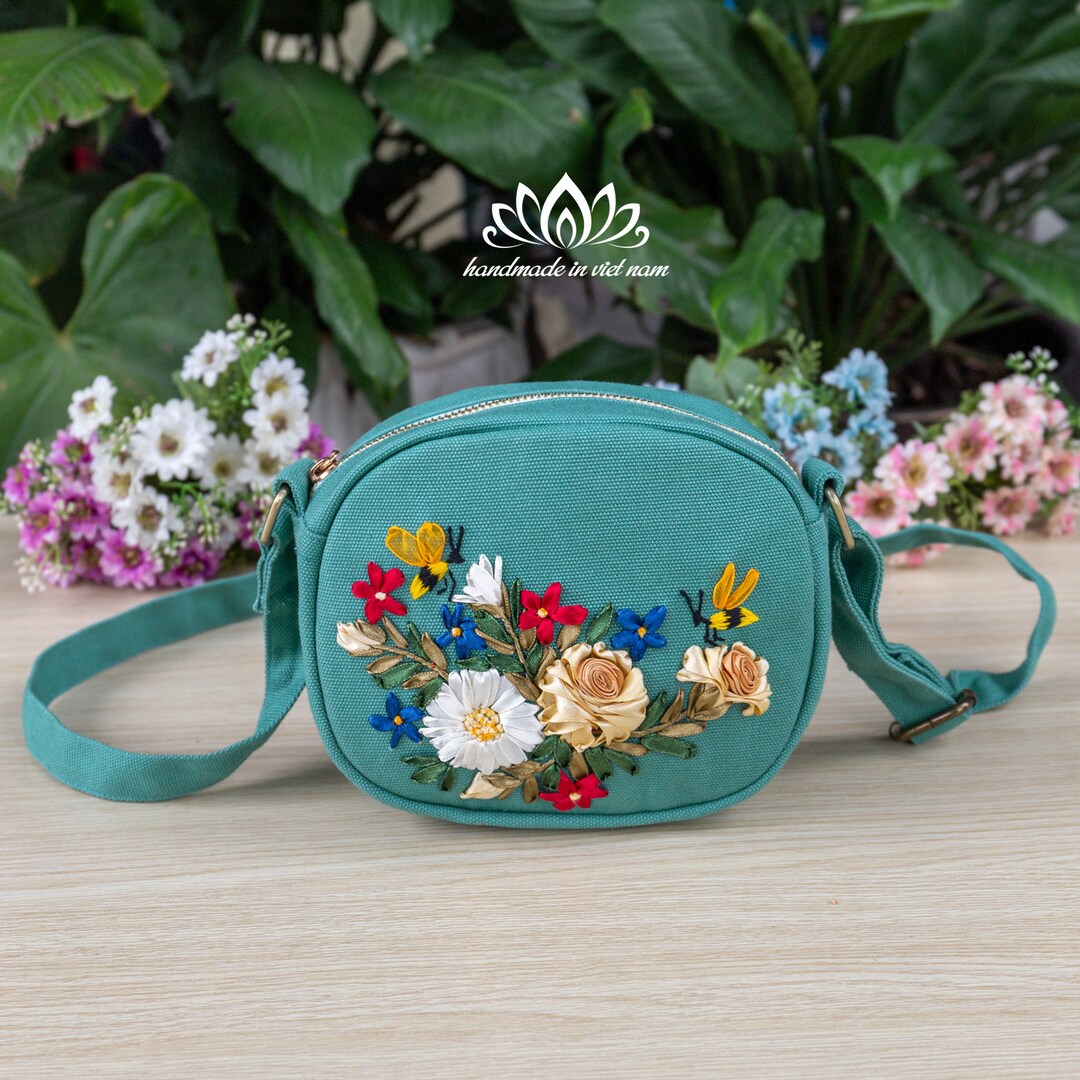 Teal Blue Mini Crossbody Bag | Ribbon Embroidered Bag | Compact ...