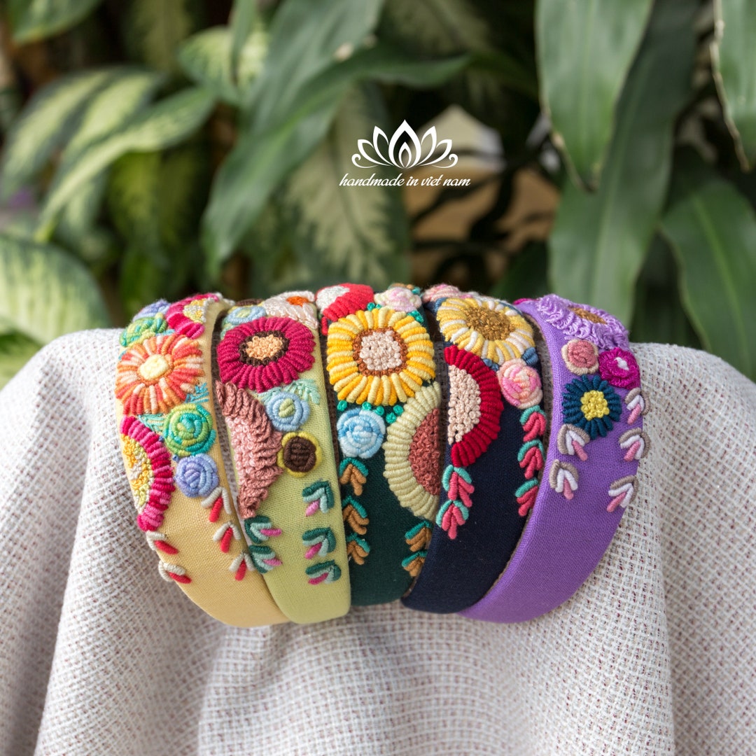 Floral Embroidered Headbands, Handmade Hairband With Flowers Embroidery ...