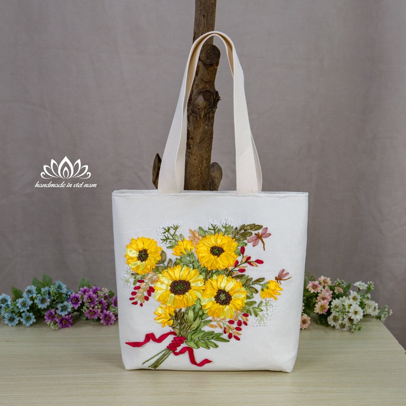 Embroidered Shoulder Bags With Zipper Sunflower Ribbon - Etsy