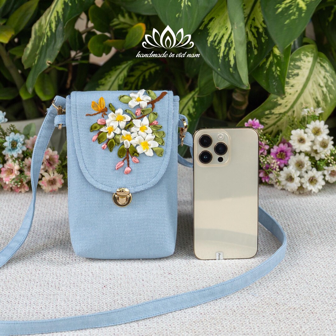 Crossbody Canvas Phone Bag, Embroidered Apple Blossoms - Etsy