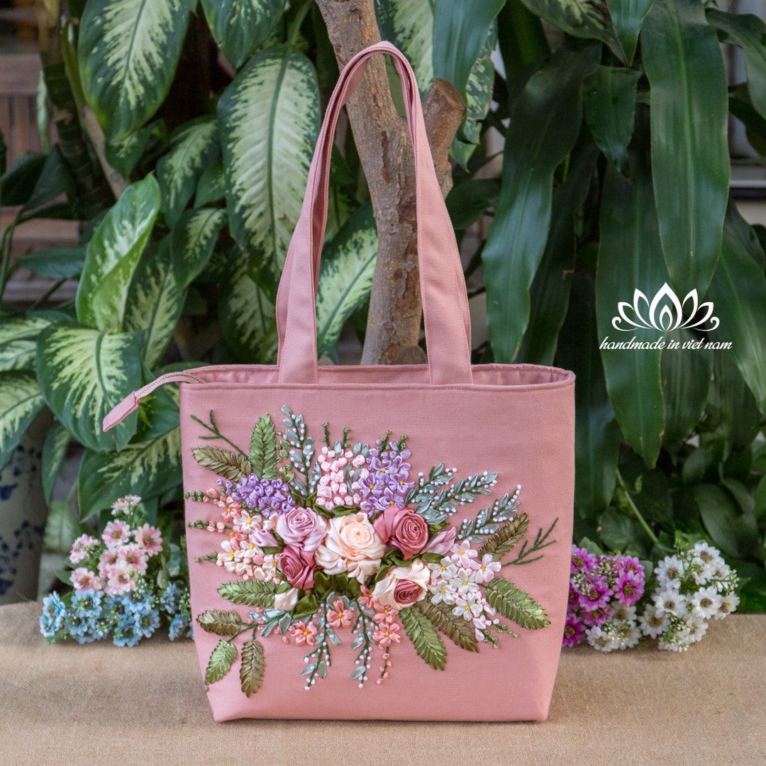 Embroidered Tote Bag, Tote Bag With Zipper, Unique Ribbon Embroidery ...