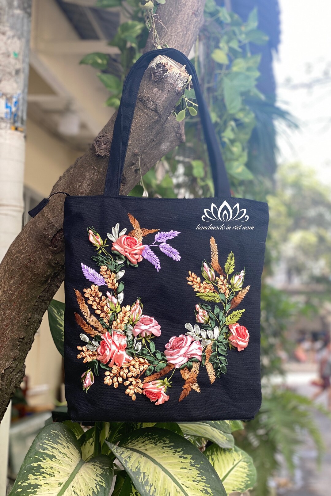 Embroidered Tote Bag With Zipper, Unique Ribbon Embroidery, Handmade ...