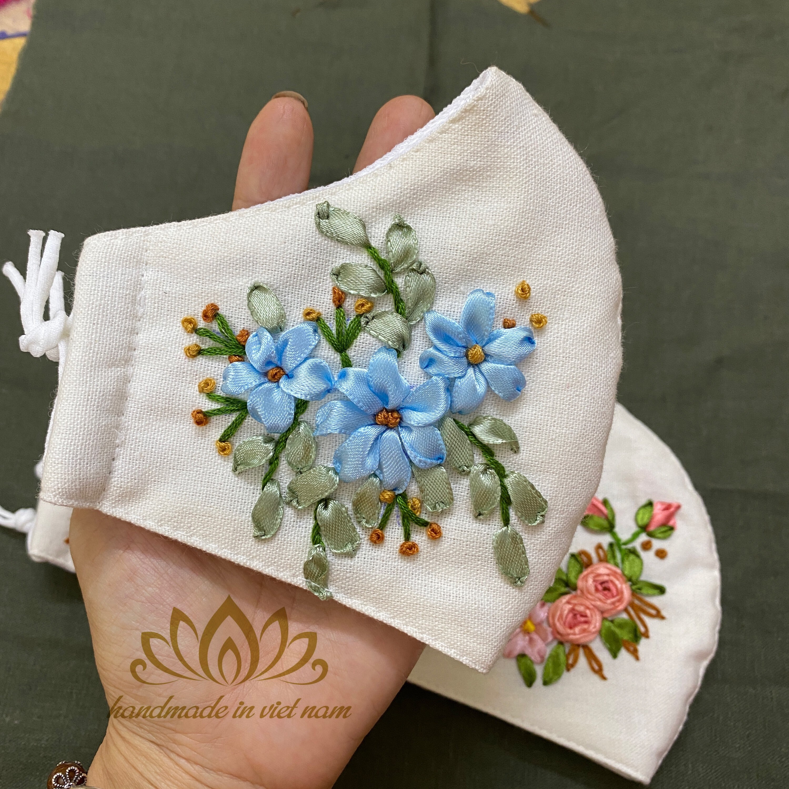 Embroidered Linen Mask Ribbon Embroidery Mask Nose Wire | Etsy