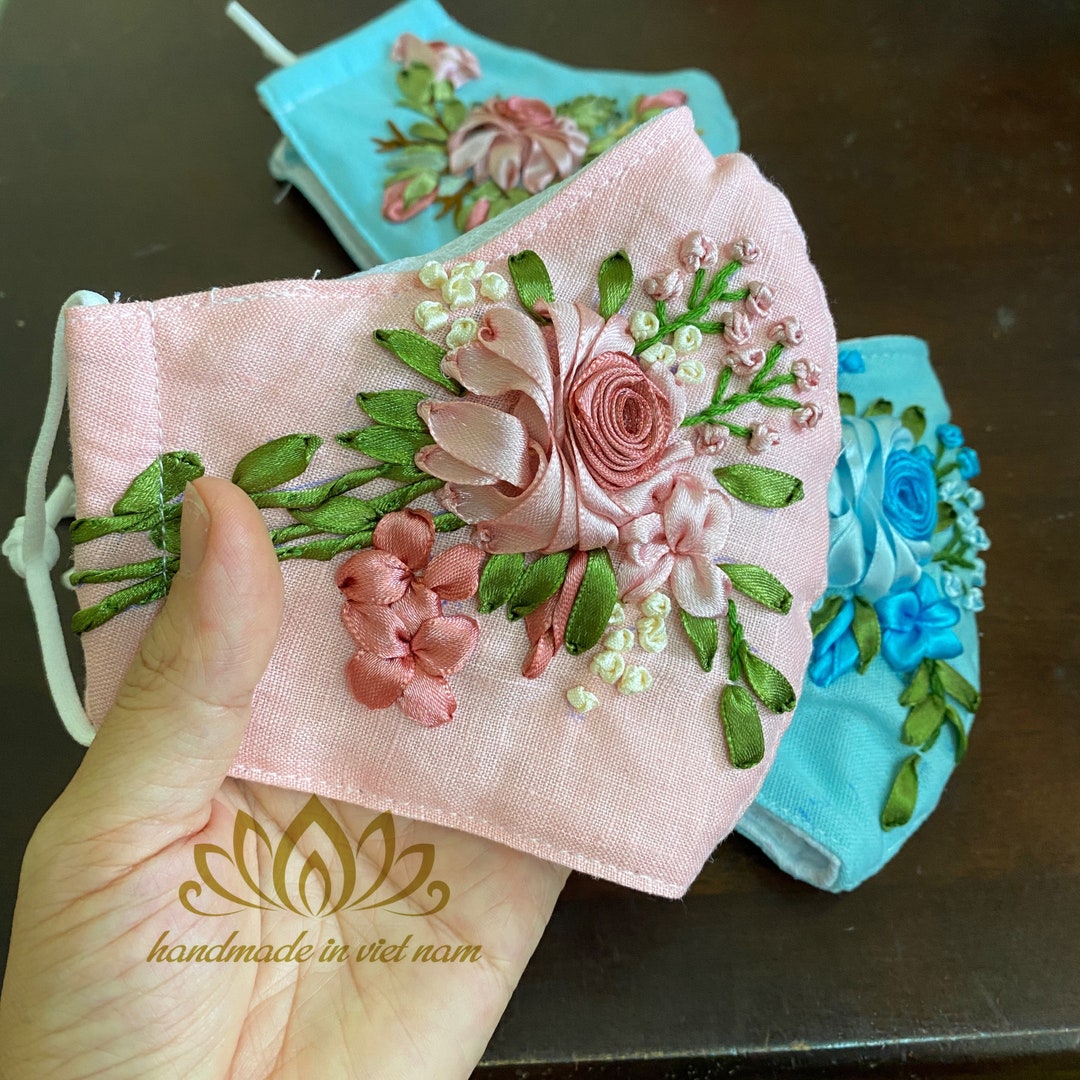 Embroidered Linen Mask | Ribbon Embroidery Mask | Nose Wire | Reusable ...