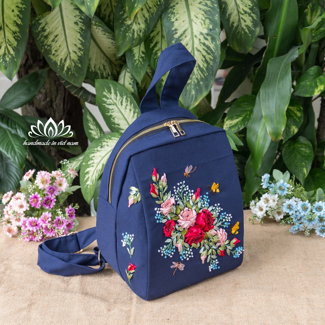 Embroidered Rose Backpack, Handmade Sewing Backpack, Unique Ribbon ...