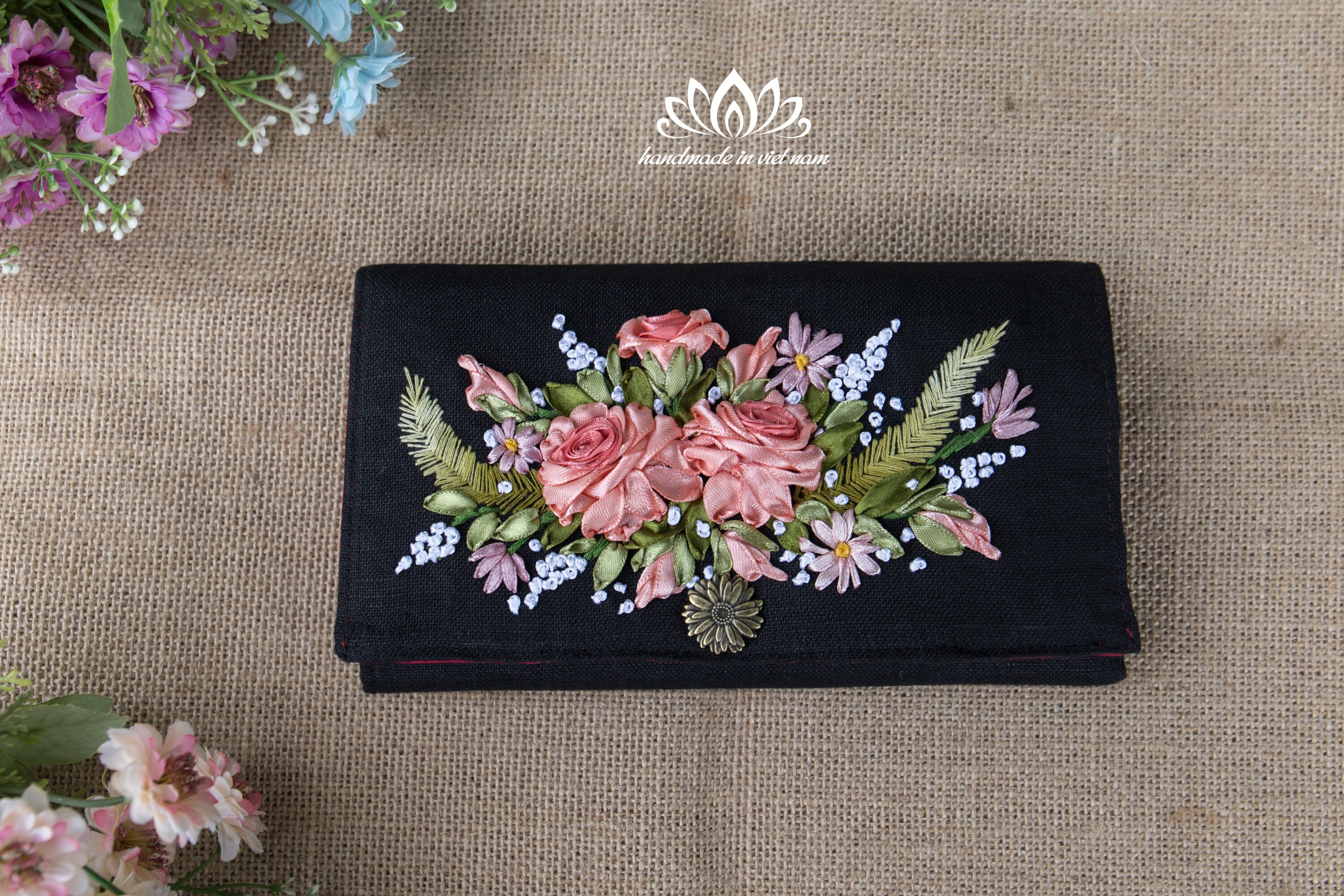 Rose Embroidery Wallet Unique Ribbon Embroidery Handmade - Etsy