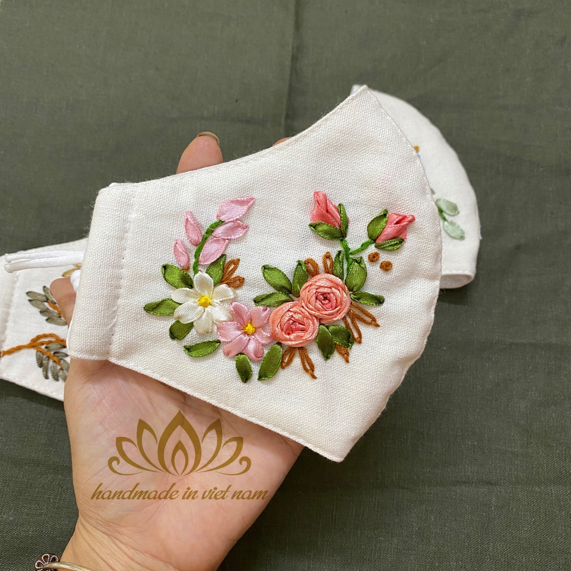 Embroidered Linen Mask Ribbon Embroidery Mask Nose Wire | Etsy