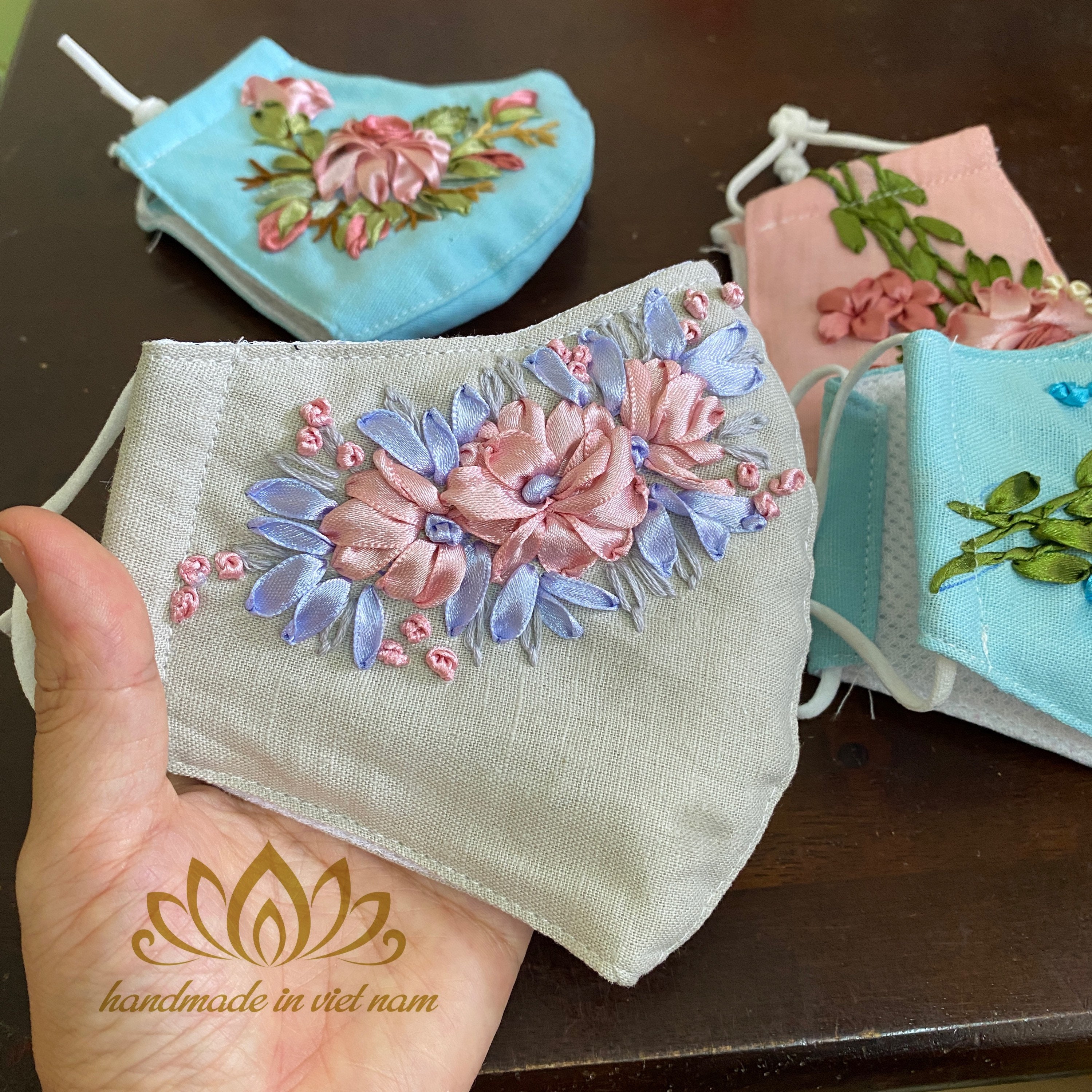 Embroidered Linen Mask | Ribbon Embroidery Mask | Nose Wire | Reusable ...