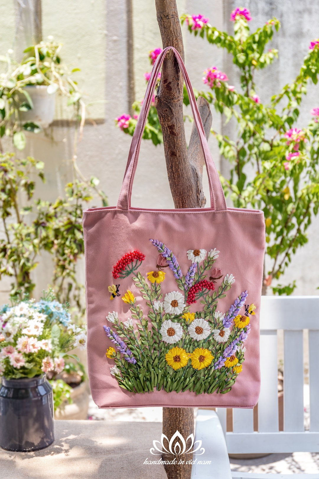 Embroidered Tote Bag With Zipper Unique Ribbon Embroidery - Etsy