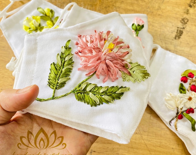 Hand Embroidered Face Mask With Nose Wire Ribbon Embroidery 3 Layers ...