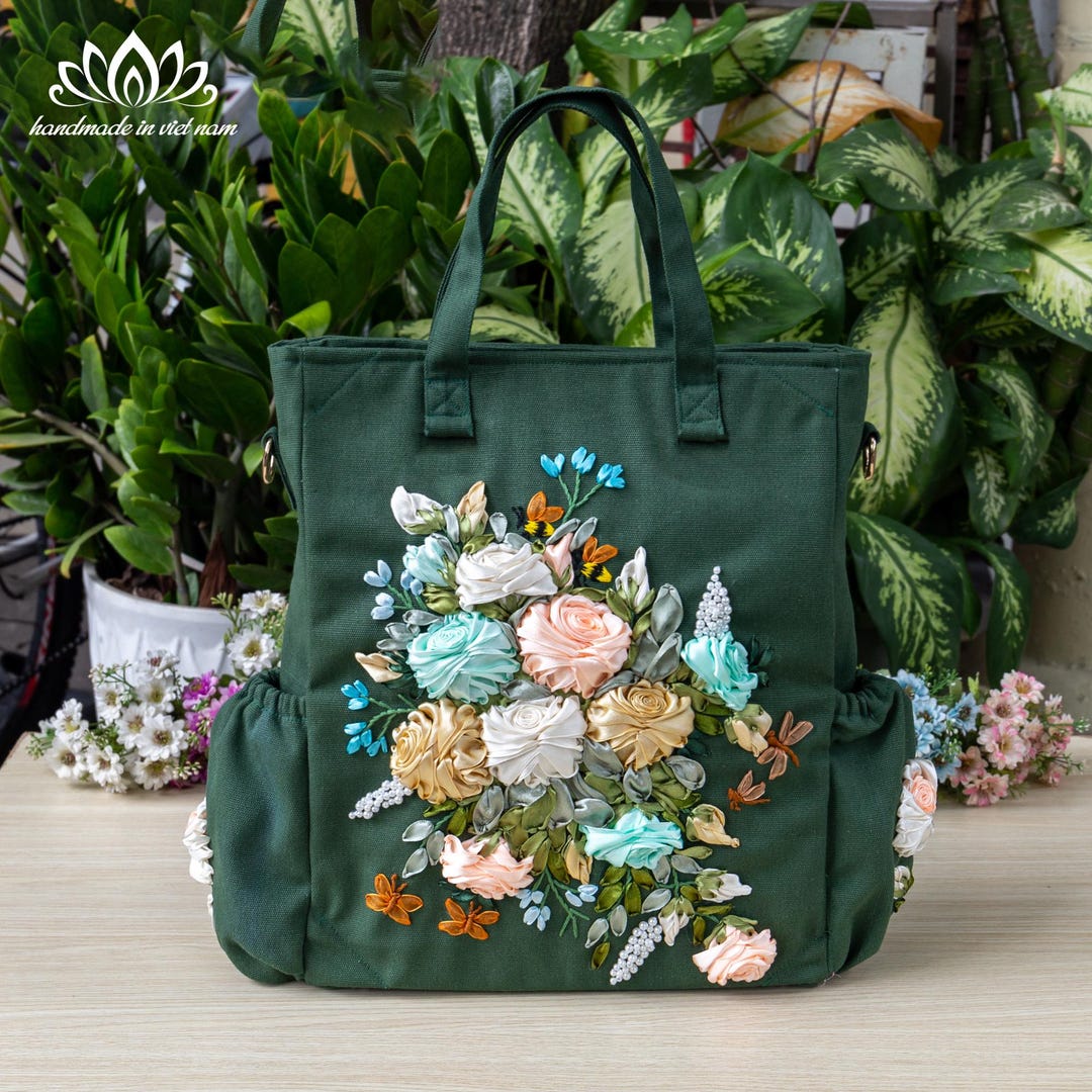 Convertible Backpack, Laptop Bag Women, Unique Rose Ribbon Embroidery ...