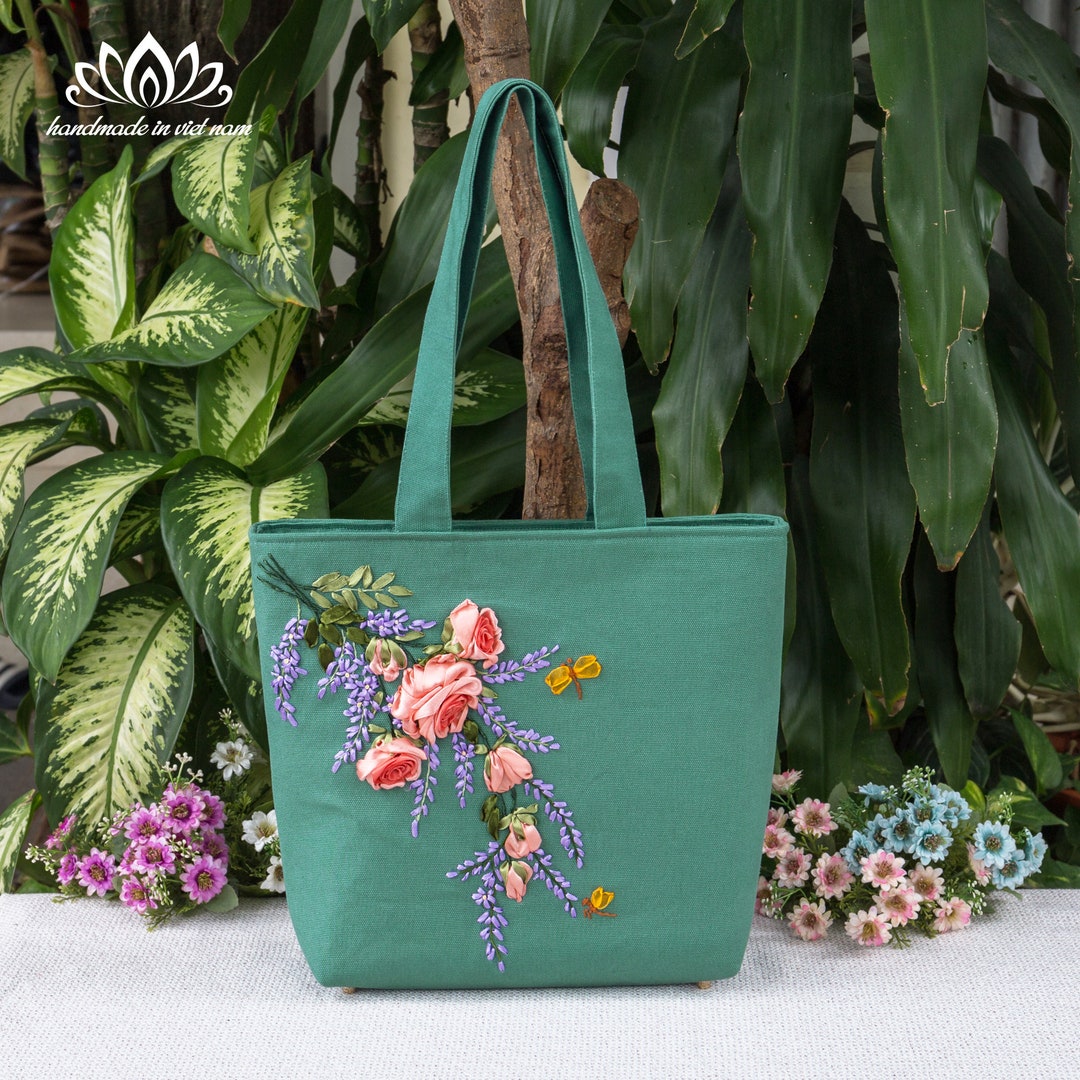 Embroidered Tote Bag Tote Bag With Zipper Unique Ribbon - Etsy