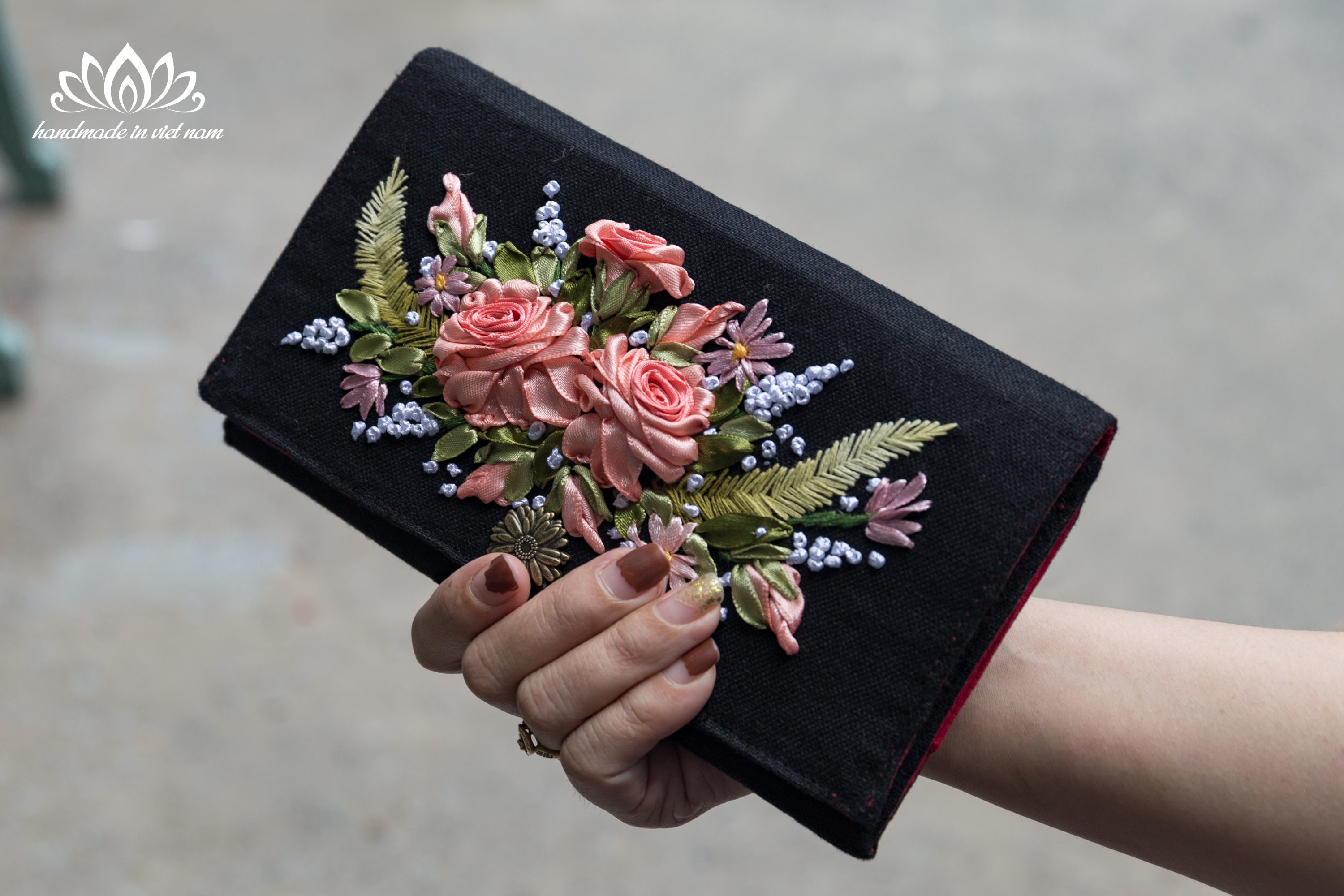 Rose Embroidery Wallet Unique Ribbon Embroidery Handmade - Etsy