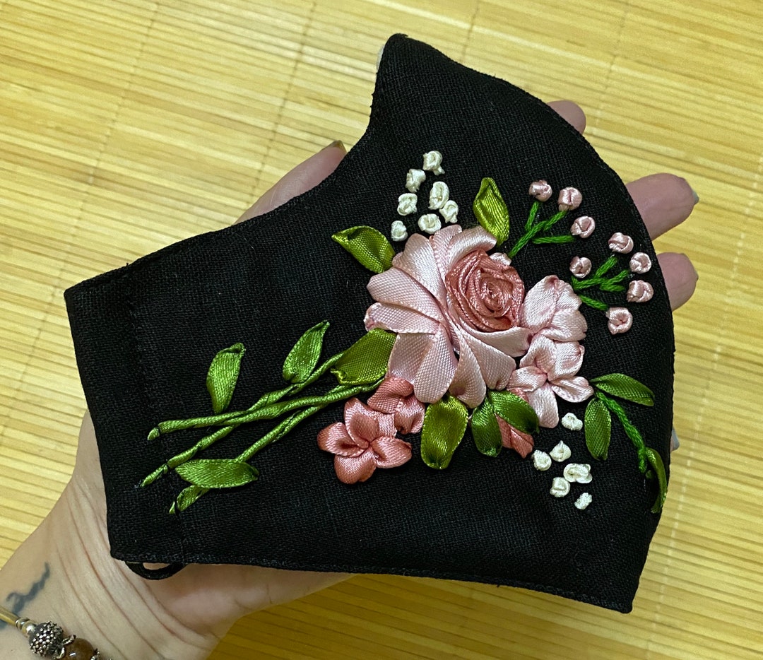 Embroidered Linen Mask Ribbon Embroidery Mask Nose Wire Reusable ...