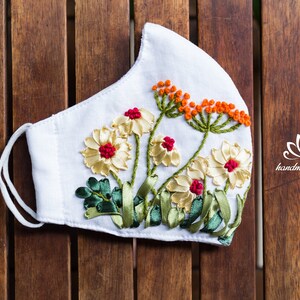 Embroidered Linen Mask | Ribbon Embroidery Mask | Nose Wire | Reusable ...