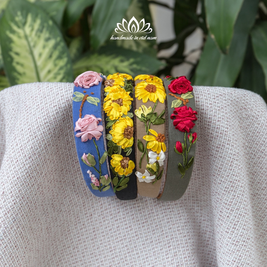 Floral Embroidered Headbands, Handmade Hairband With Flowers Embroidery ...