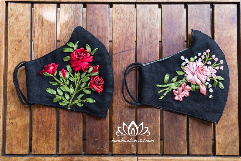 Embroidered Linen Mask Ribbon Embroidery Mask Nose Wire | Etsy