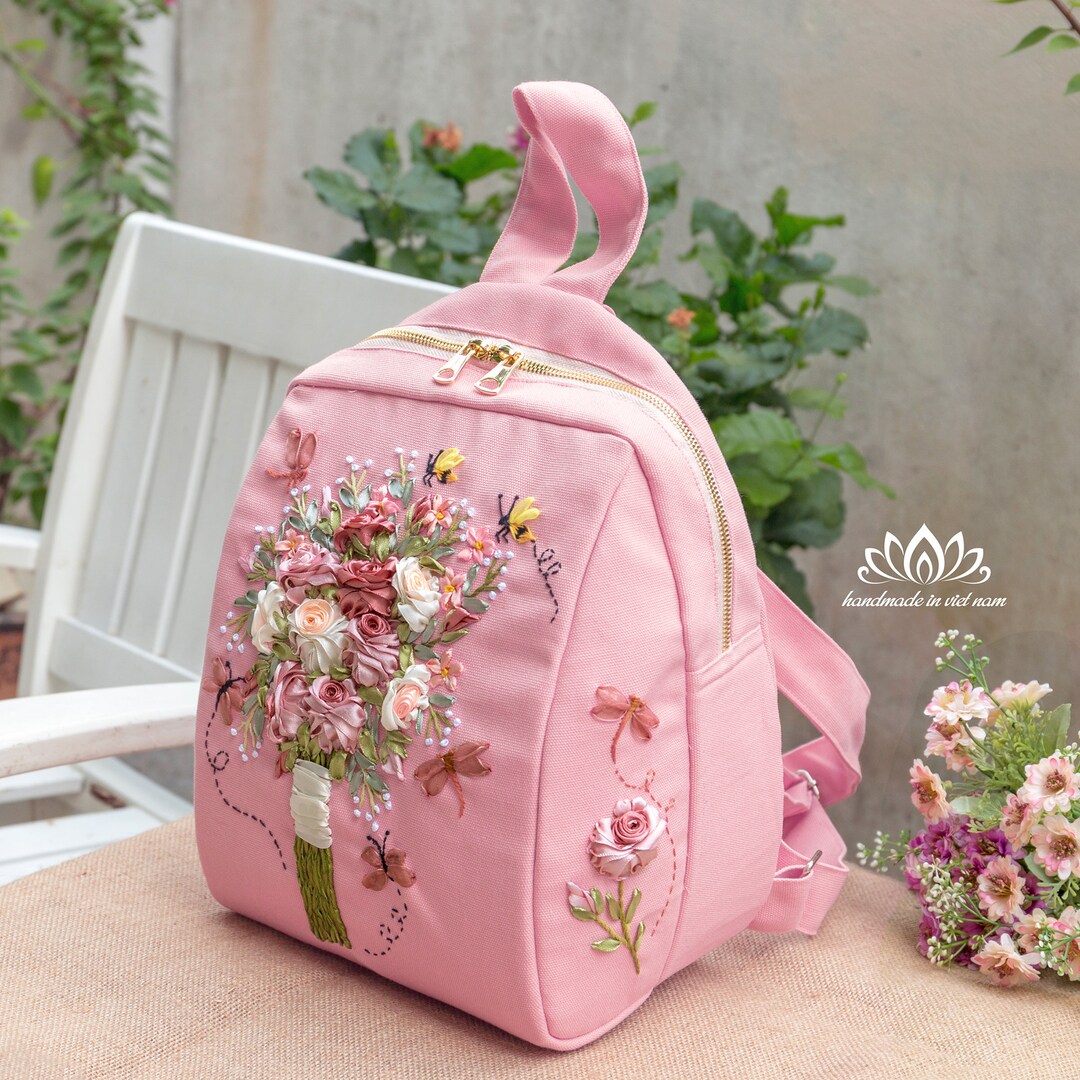Backpack Embroidered With Ribbon Flowers Handmade Backpack With Sturdy ...
