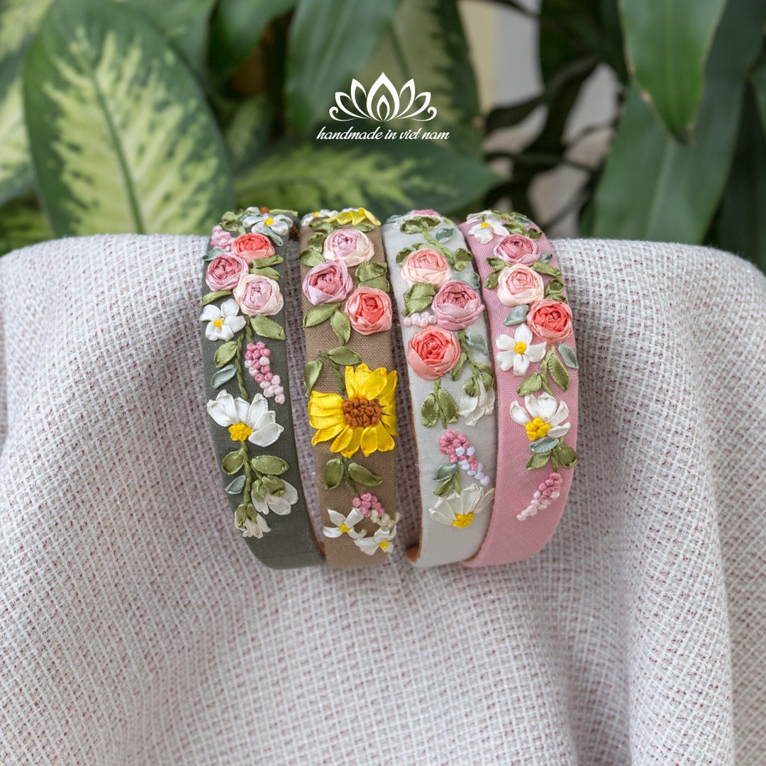 Floral Embroidered Headbands, Handmade Hairband With Flowers Embroidery ...
