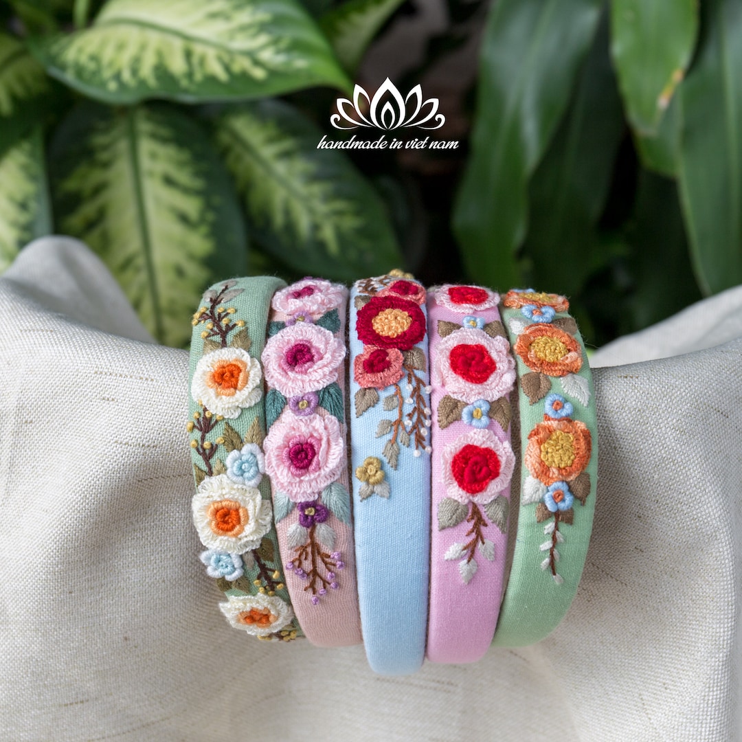 Floral Embroidered Headbands, Handmade Hairband With Flowers Embroidery ...