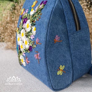 Floral Ribbon Embroidered Denim Backpack, Backpack for School, Travel ...