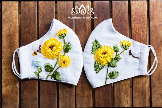 Embroidered Linen Mask Ribbon Embroidery Mask Nose Wire | Etsy