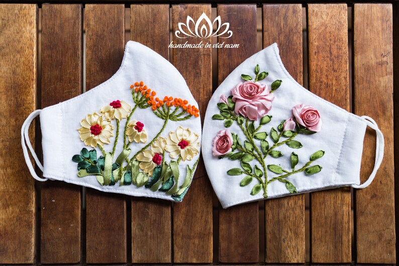 Embroidered Linen Mask Ribbon Embroidery Mask Nose Wire | Etsy