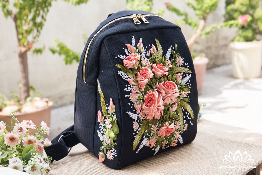 Embroidered Backpack Ribbon Embroidery Backpack Embroidery Rose ...