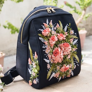 Beautiful Rose Embroidered Backpack, Ribbon Embroidery Art, Durable ...